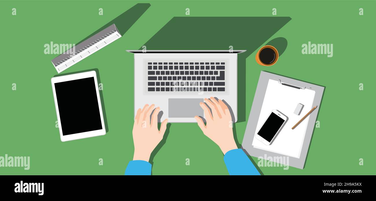 Illustration of the work space scene on the desk. topview hand on the ...