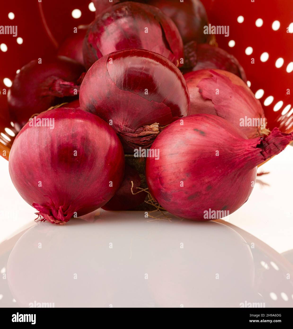 Close-up food still life with Red Onions rolling out of a red collinder ...