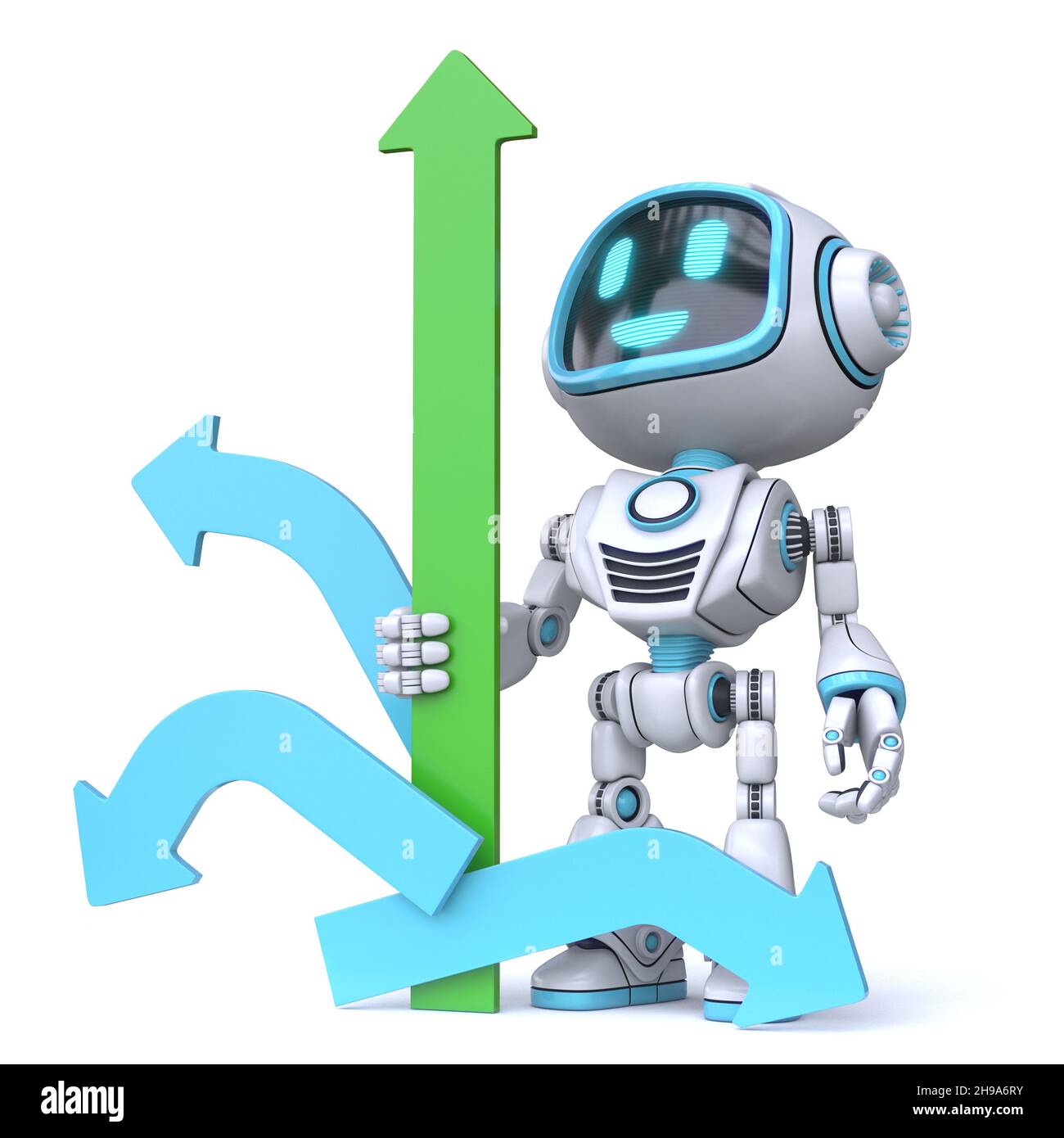 Cute blue robot hold green arrow 3D rendering illustration isolated on ...