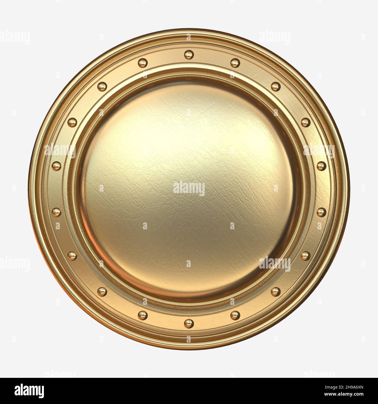 Golden circular shield 3D rendering illustration isolated on white ...