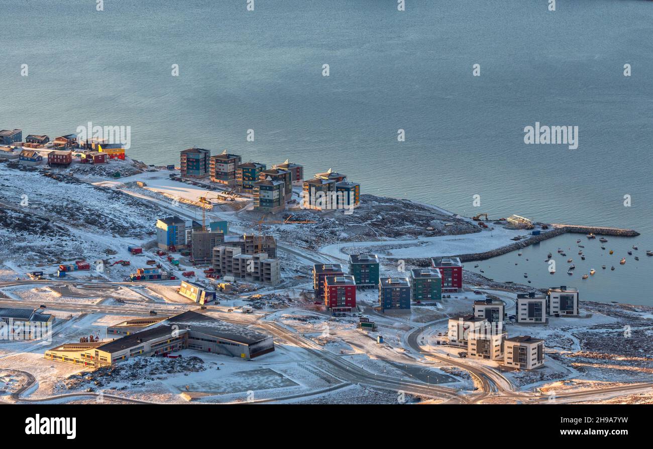 View from above to the fjord streets and residential buildings of Nuuk ...