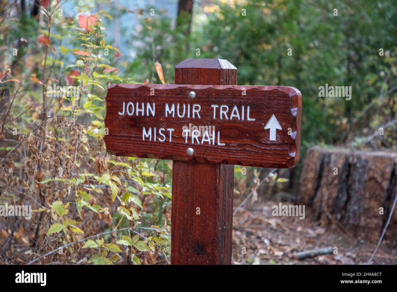 Trail signs along the Valley Loop Trail in Yosemite Valley, California ...