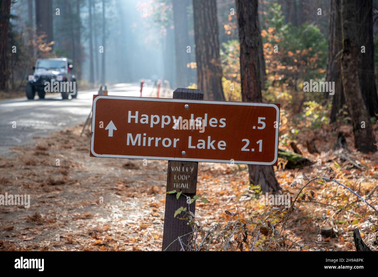 Trail signs along the Valley Loop Trail in Yosemite Valley, California ...