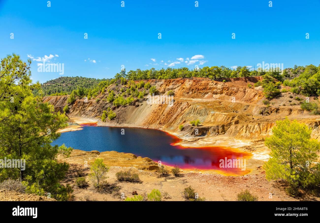 Red colored hazardous polluted Sha mine lake, Nicosia, Cyprus Stock ...