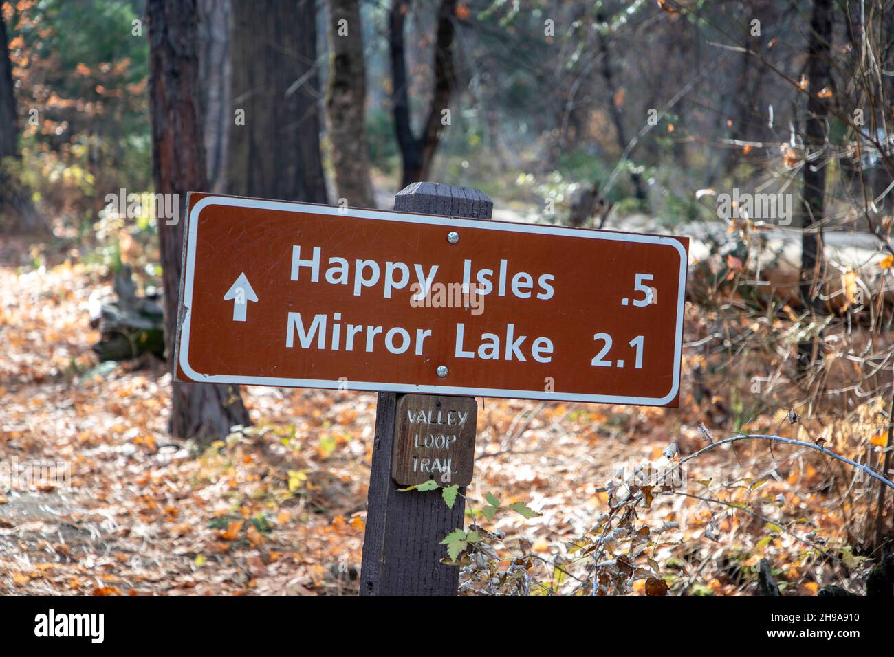 Trail signs along the Valley Loop Trail in Yosemite Valley, California ...