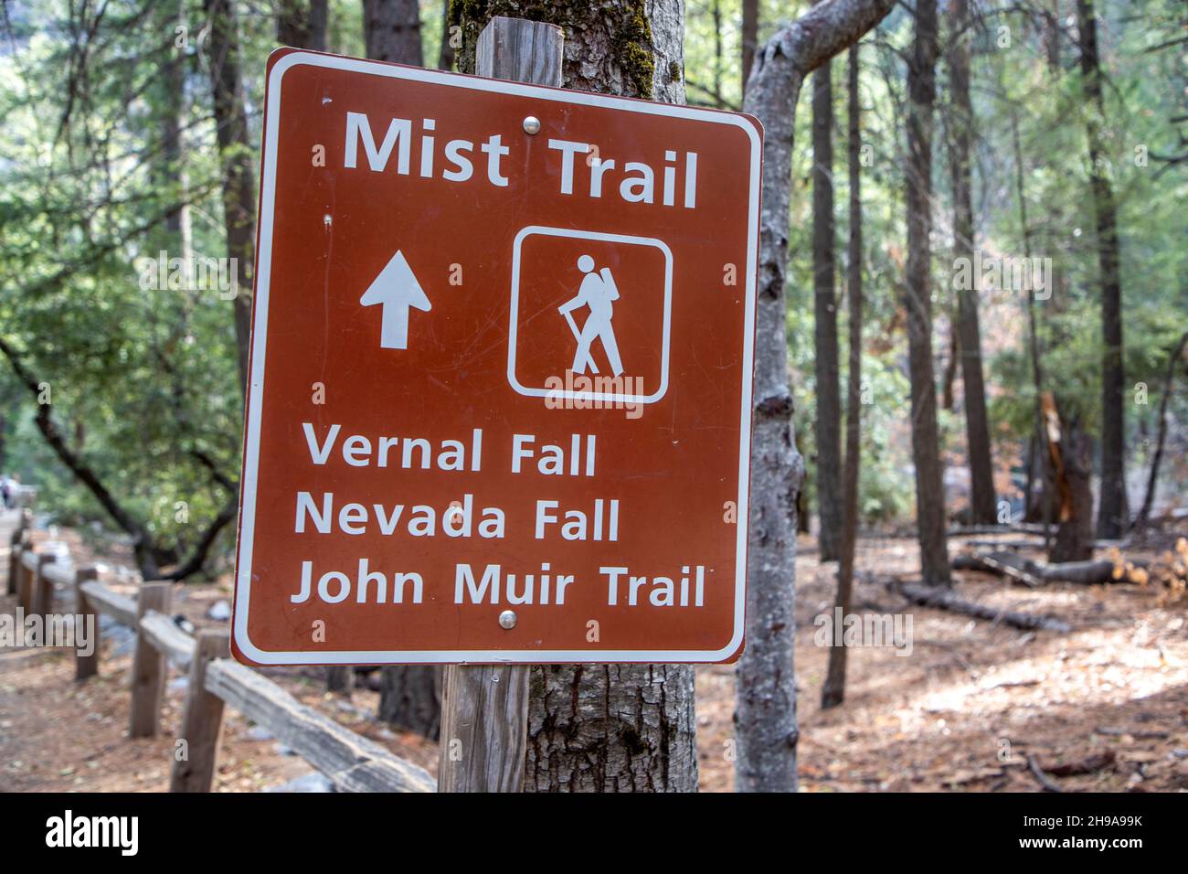 Trail signs along the Valley Loop Trail in Yosemite Valley, California ...