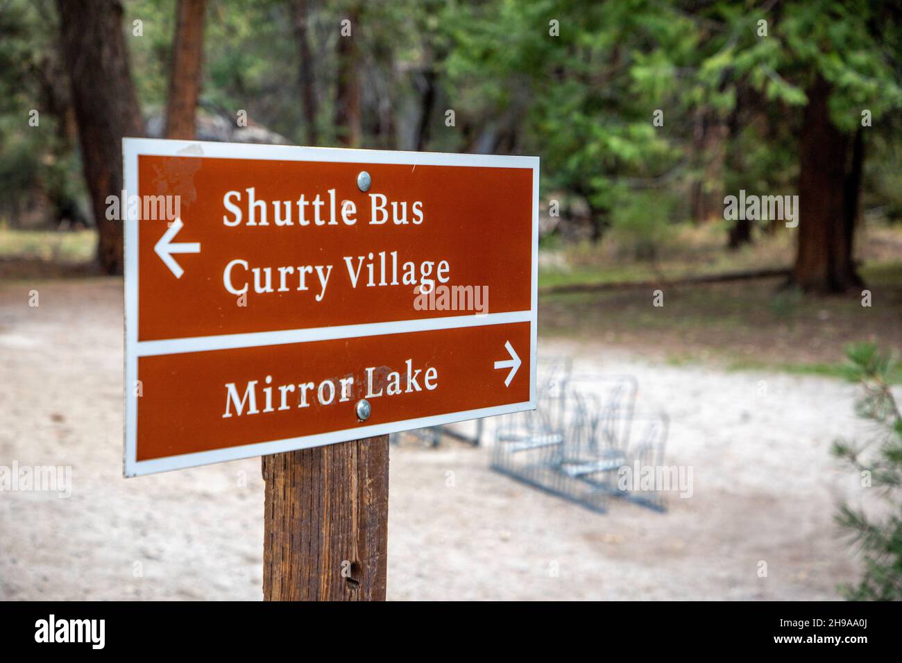 Trail signs along the Valley Loop Trail in Yosemite Valley, California ...