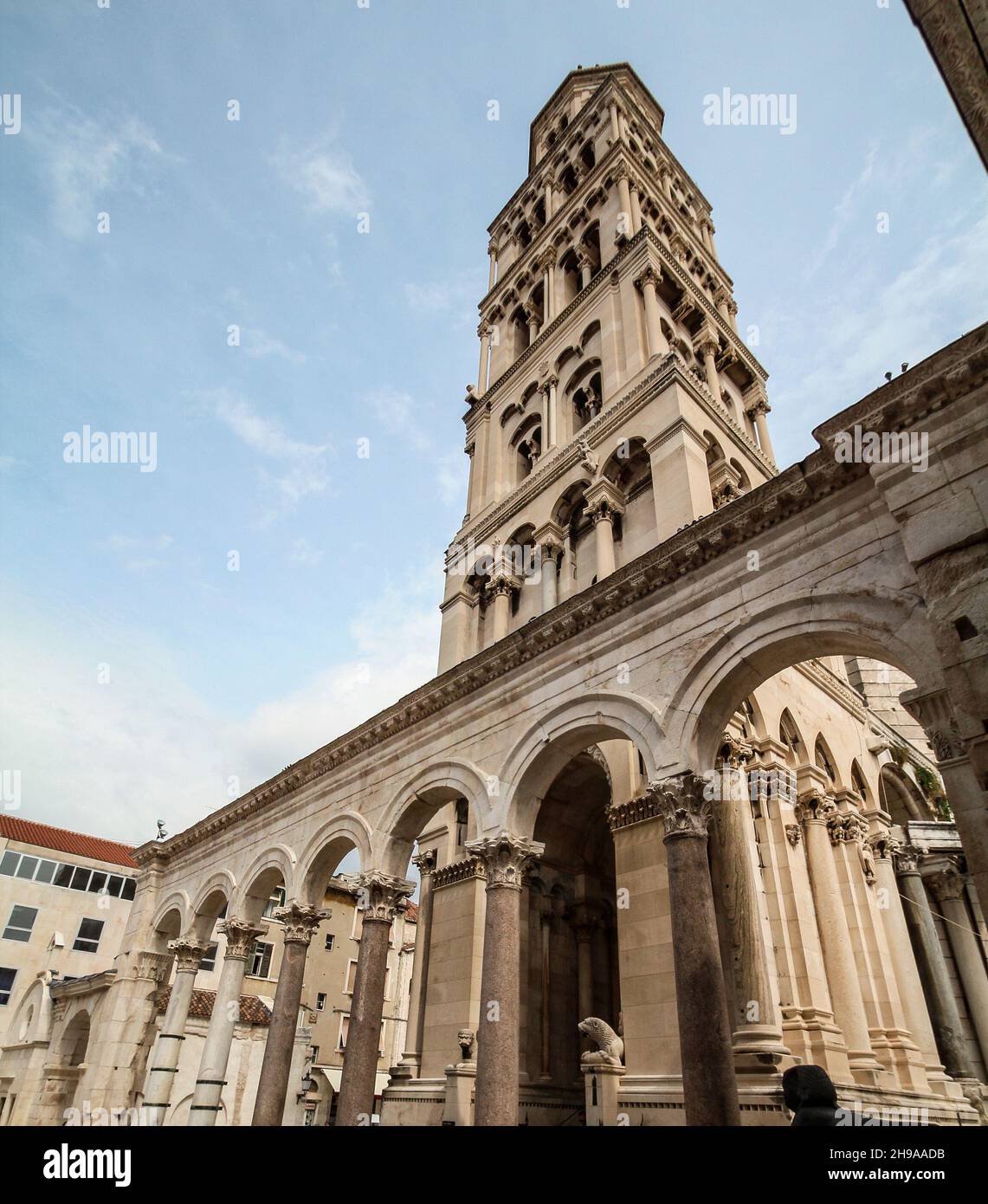 Famous bell tower at the ruins of Roman Deocletian palace in Split ...