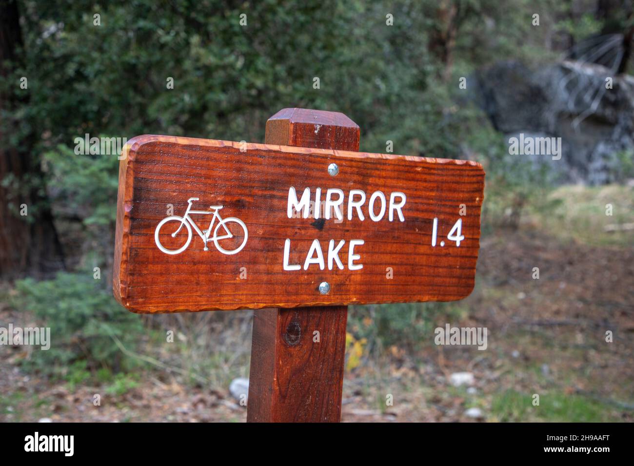 Trail signs along the Valley Loop Trail in Yosemite Valley, California ...