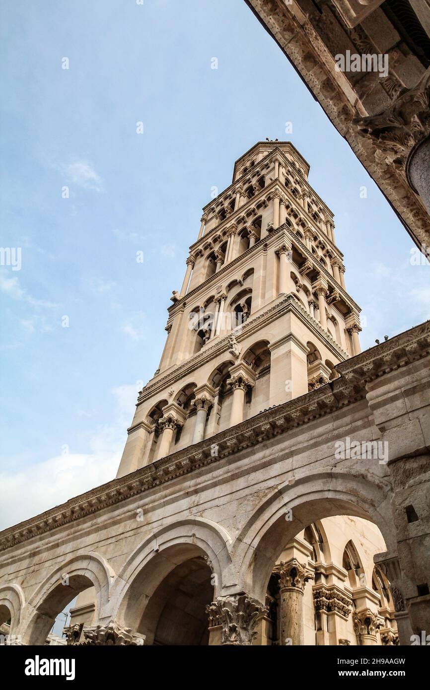 Famous bell tower at the ruins of Roman Deocletian palace in Split ...