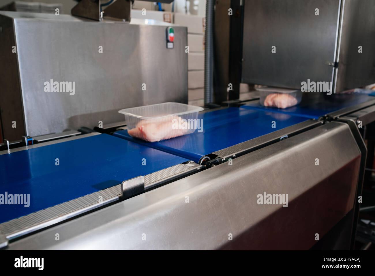 Automated production line with packaging and cutting of meat in modern ...