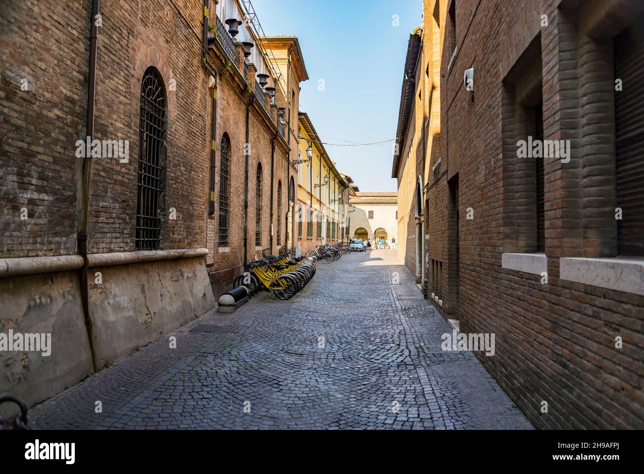Street view with medieval buildings in the historical center of Ravenna ...