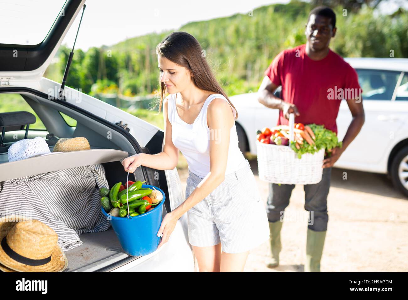 Man helps woman to load basket with vegetables in car trunk Stock Photo ...