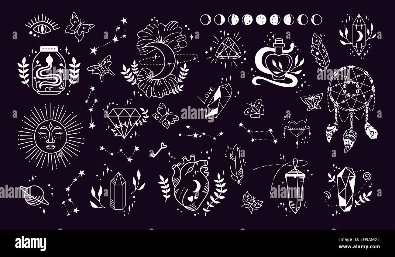 Mystic and astrology, witch magic symbols doodle set. Esoteric, boho hand drawn occult icon ...