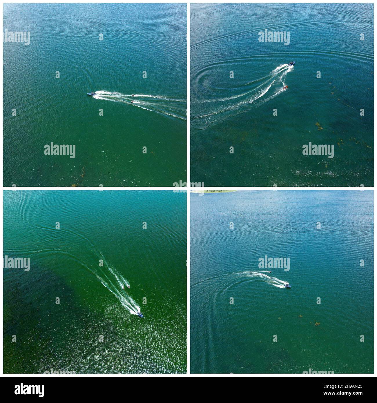A collage of images of a power boat towing tubers across the water of a ...