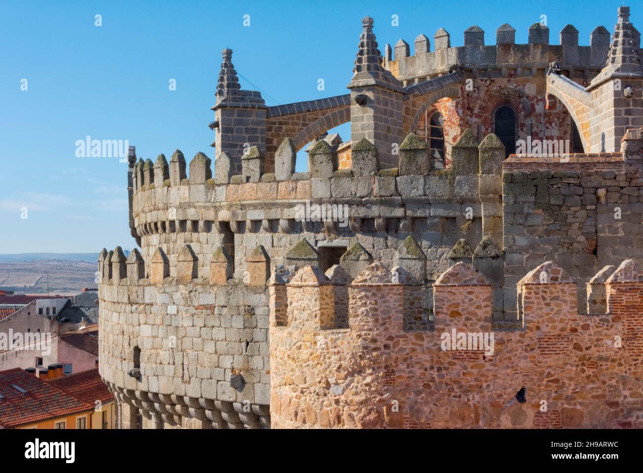 Apse of Avila Cathedral through medieval town walls, Avila (UNESCO ...