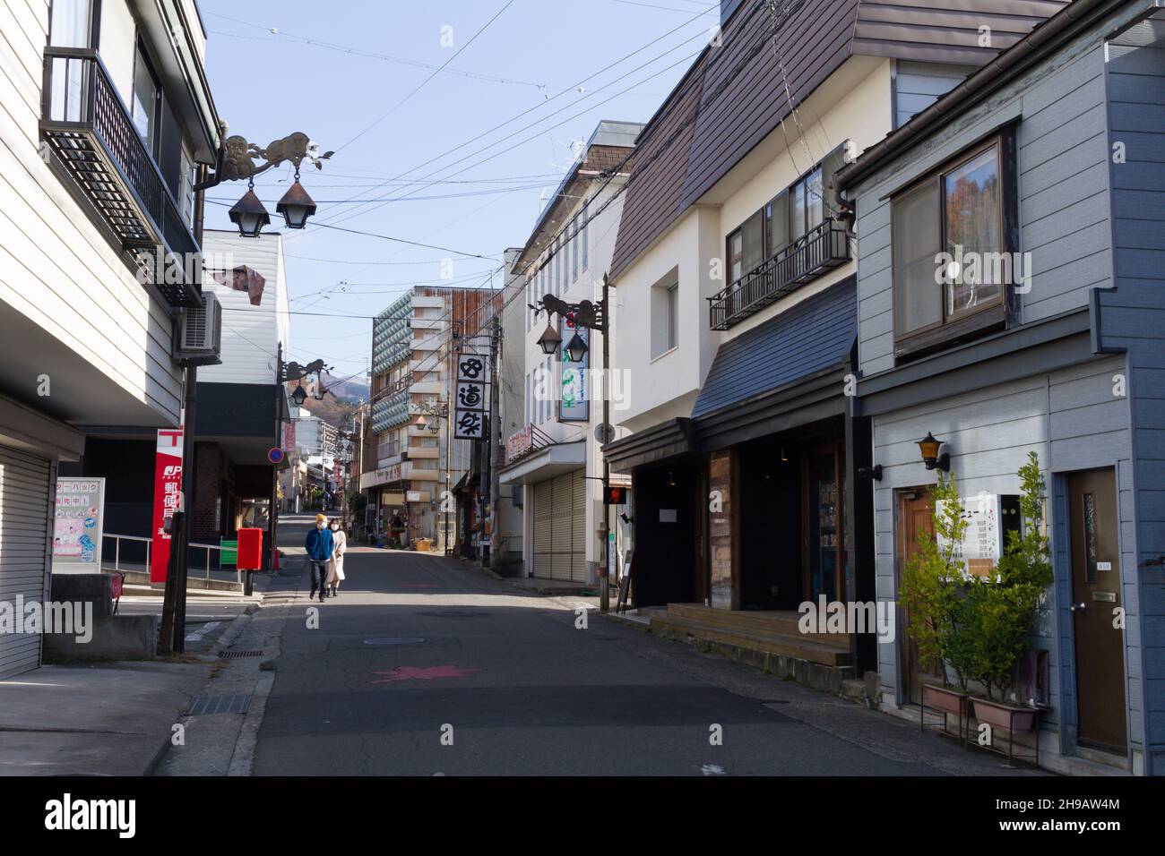 yudanaka, nagano, japan, 2021-05-12 , central road in Yudanaka Onsen in ...