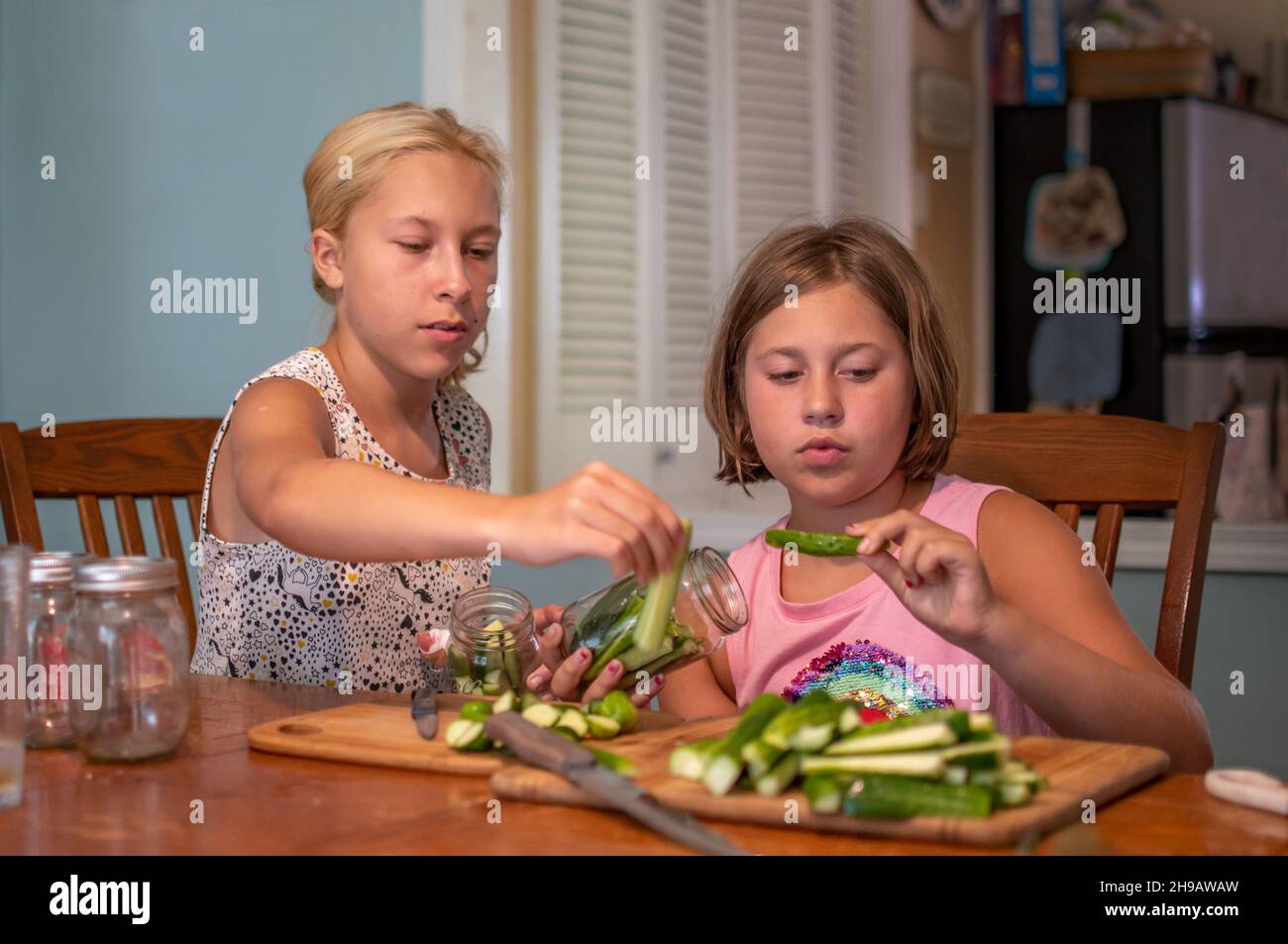 Two young girls make home made pickles out of fresh little pickling ...