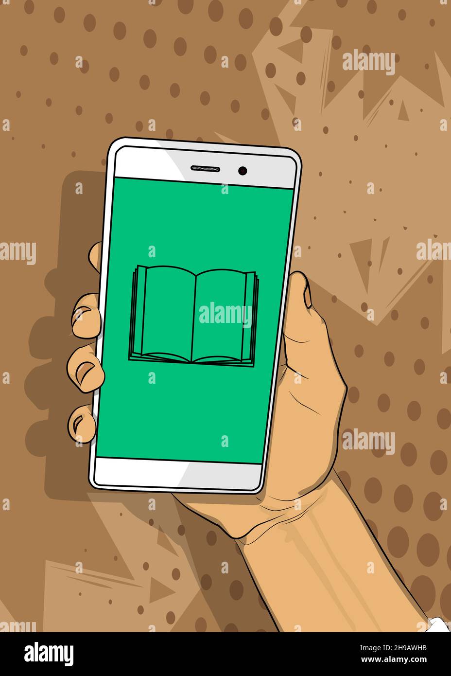 E-book icon on Smartphone screen. Cartoon vector illustrated mobile ...