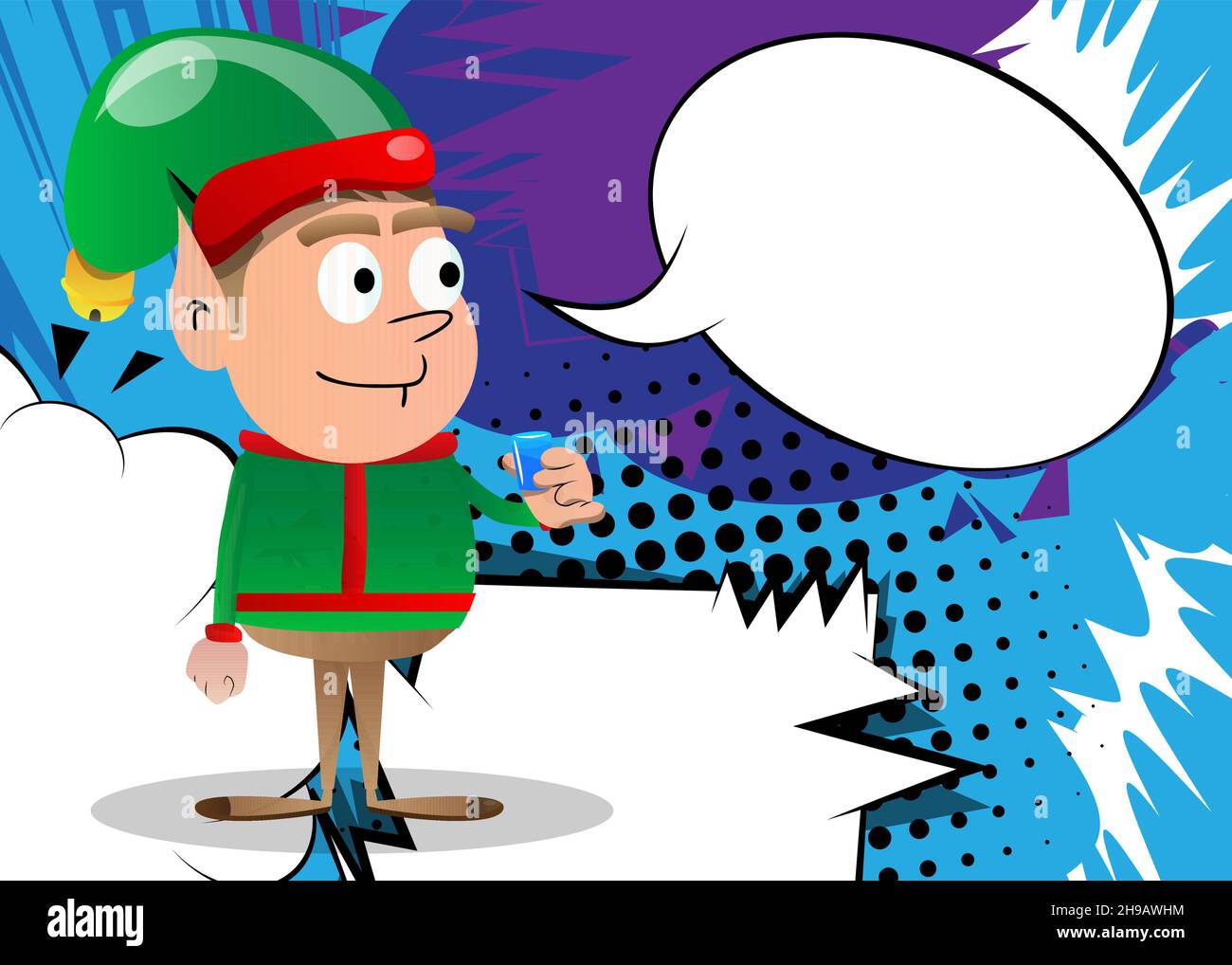 Christmas Elf drinking brandy. Vector cartoon character illustration of ...