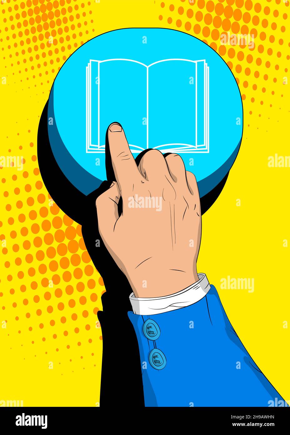 Businessman pushing E-book icon button with his index finger. Comic ...