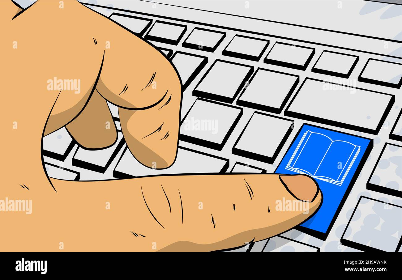E-book icon on computer keyboard. Man push keypad on laptop. Comic book ...