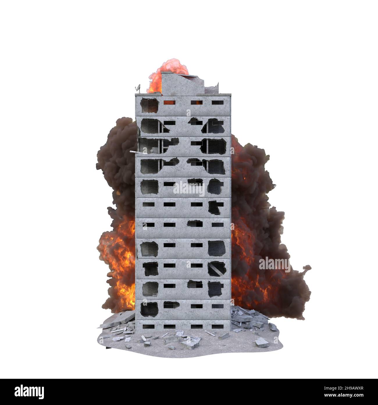 3D illustration ruined building in flames isolated on white Stock Photo ...