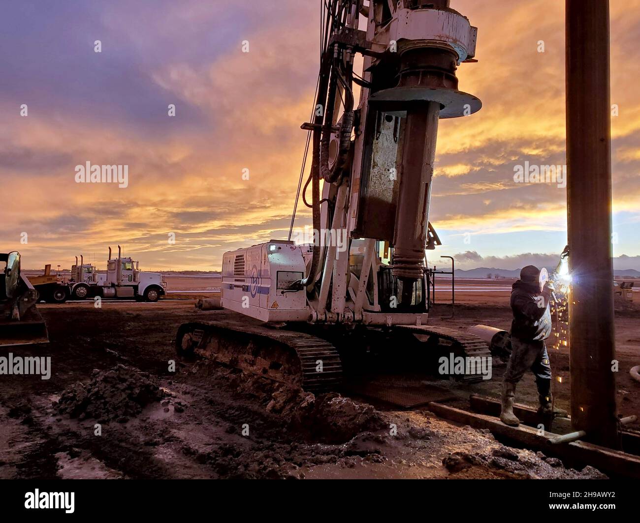 Wyoming USA April 29 2021; a welder works on a piece of drilling ...