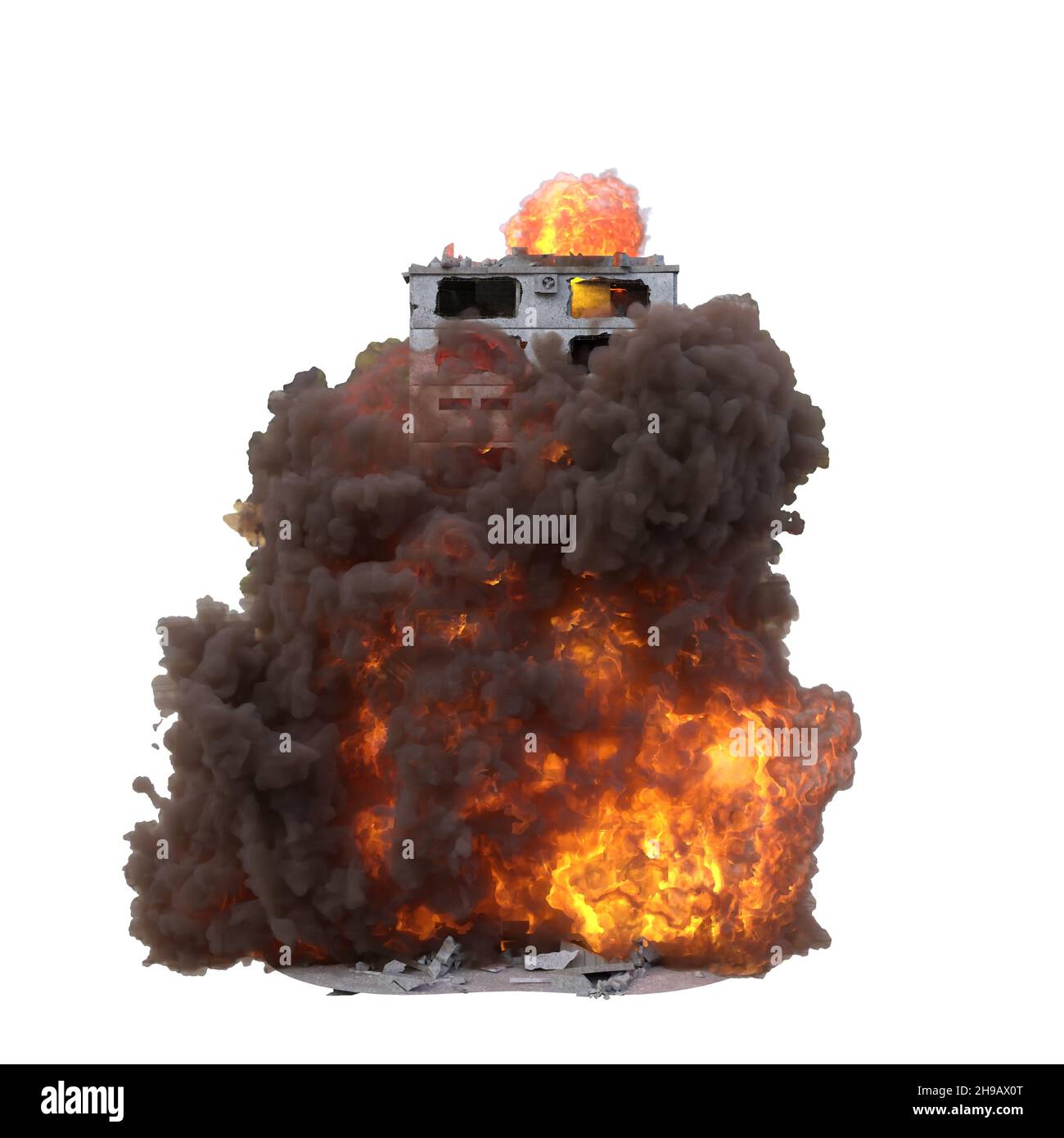 3D illustration ruined building in flames isolated on white Stock Photo ...
