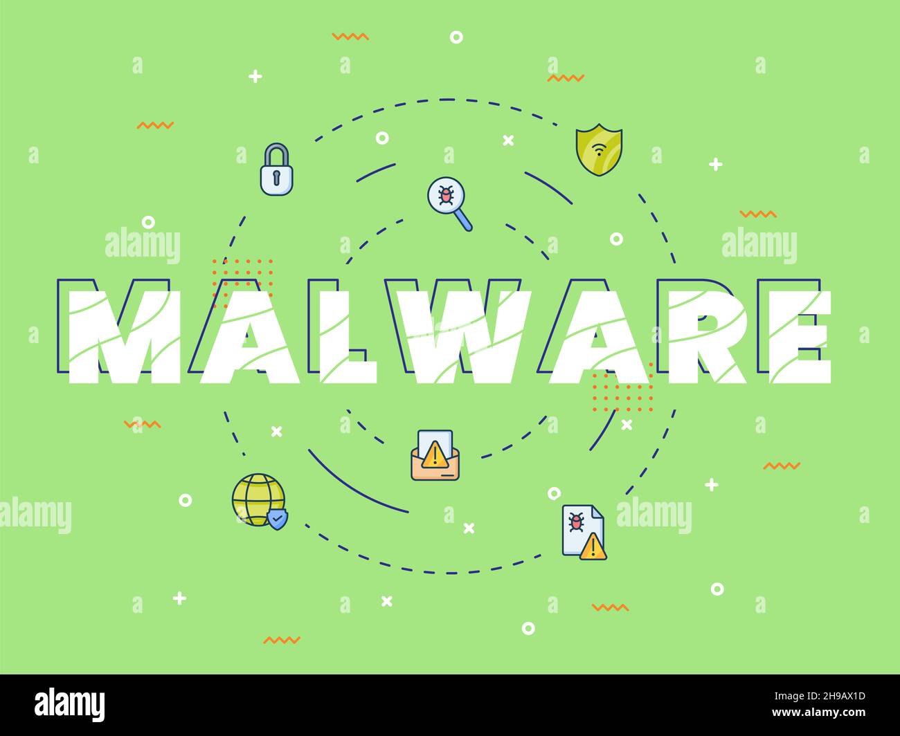 malware concept with word or text on center with icon spreading around ...