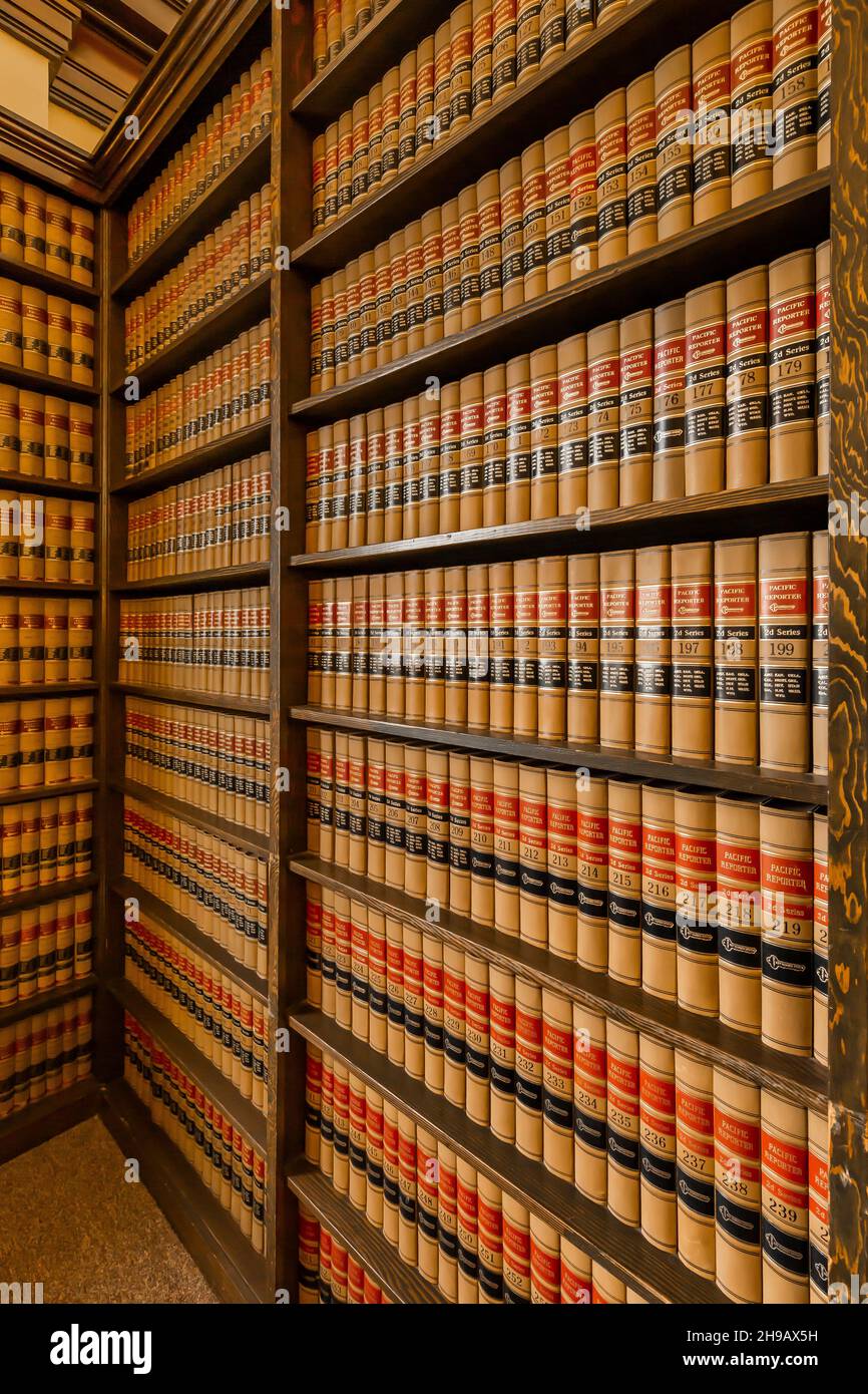 Law books in a corner of a courtroom in the Pacific County Courthouse ...