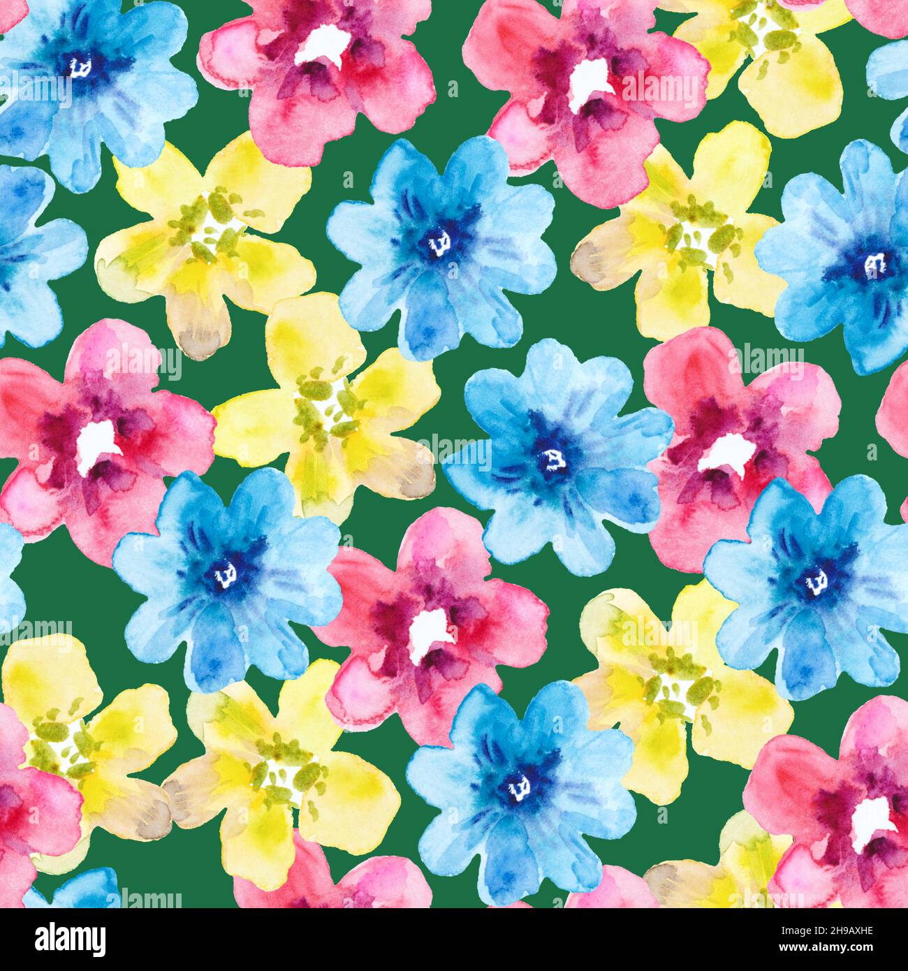 Watercolor seamless pattern with colorful abstract simple flowers. Cute ...