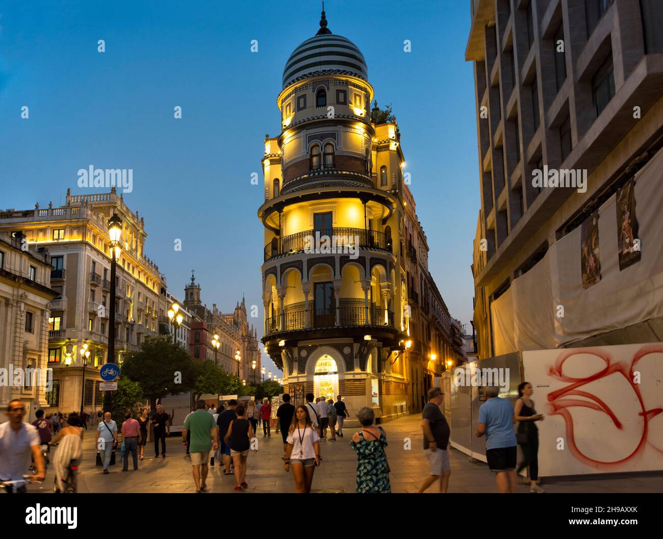 Night view of buildings, Seville, Seville Province, Andalusia ...