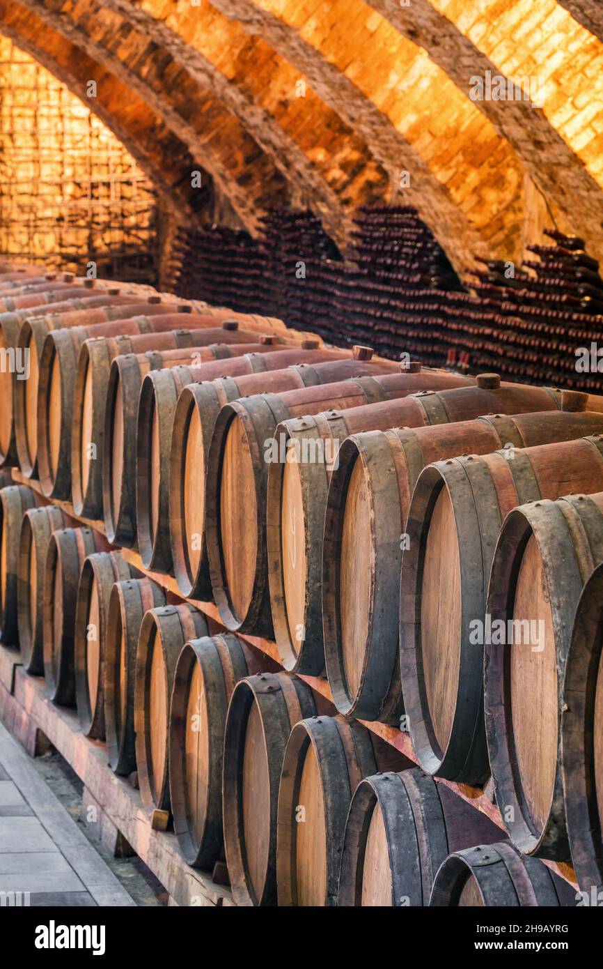 Old wooden barrels with wine in the ancient medieval cellars Stock ...