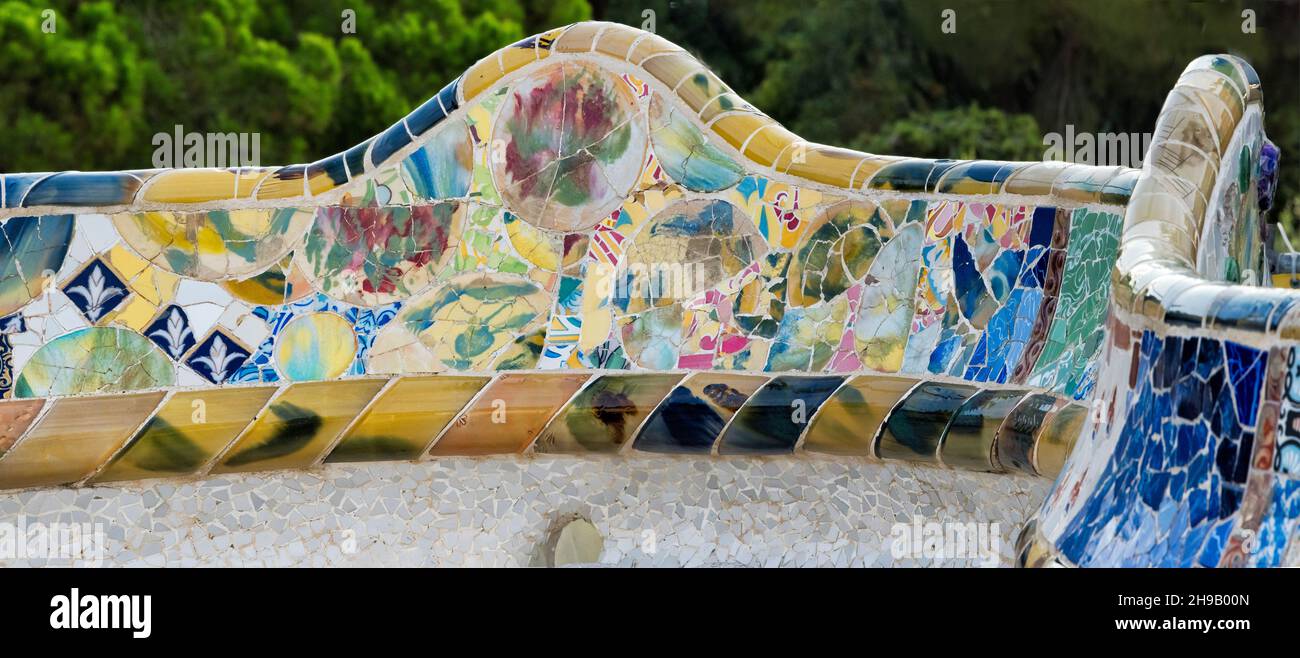 Park Guell by Gaudi, mosaic work on the main terrace, Barcelona ...