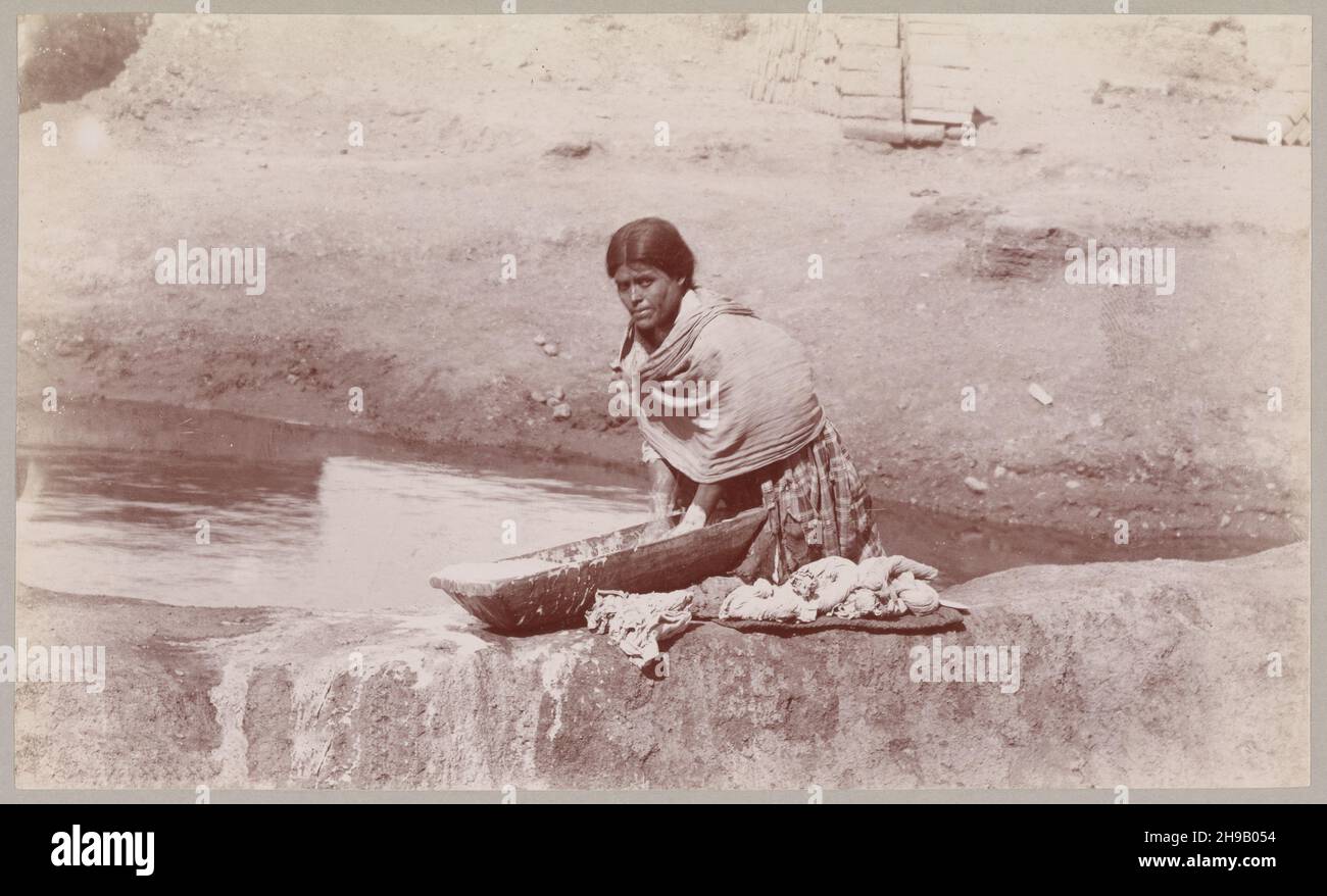 Mexican indigenous woman washing clothes outdoors, Old Mexico1898, Mayo ...