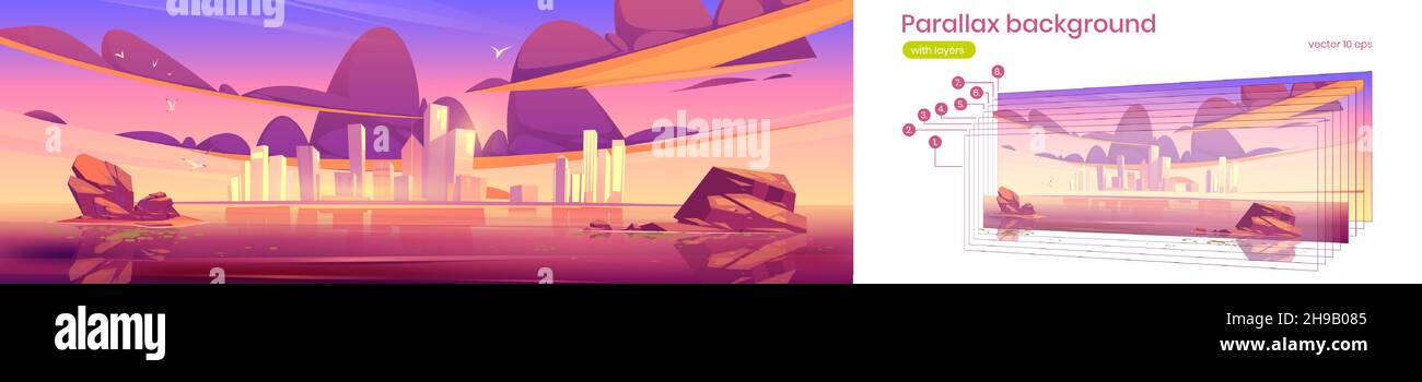 Parallax background sunset city skyline architecture near waterfront, modern megapolis with ...