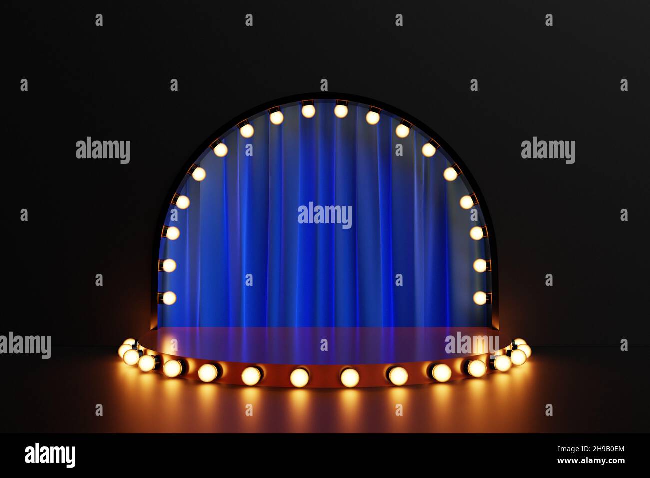 3d illustration of a scene from a circle with blue theater curtains ...