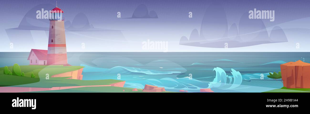 Lighthouse on sea shore at storm, beacon building at disaster nature ...