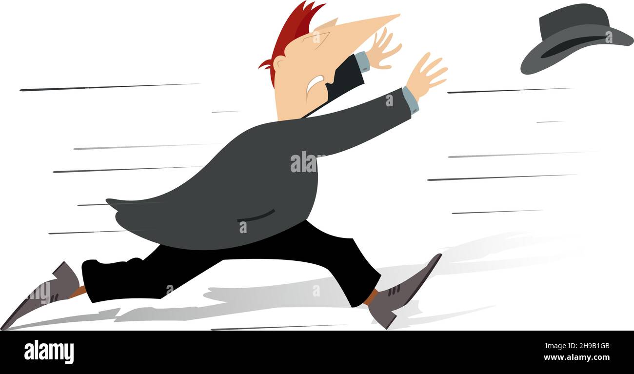 Windy day and man loses his hat illustration. Man tries to catch a hat ...