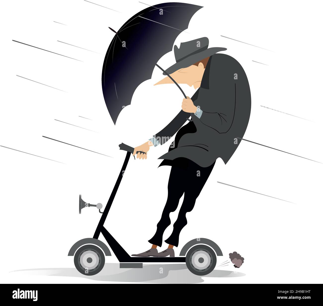 Bad weather. Man with umbrella rides on scooter illustration. Man with ...