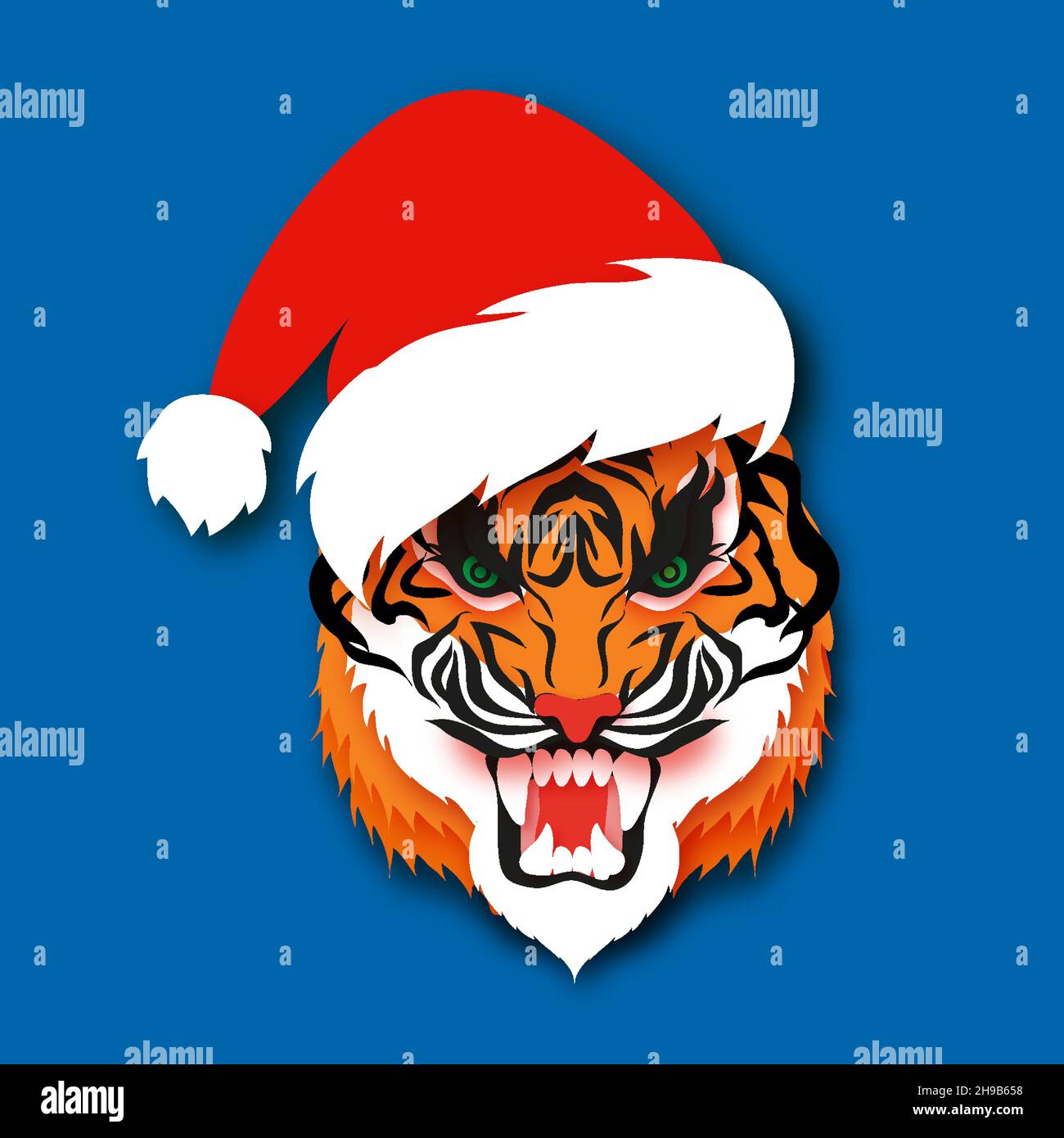 Tiger New Year. Santa Claus hat. Roar Animal paper cut style. Chinese ...