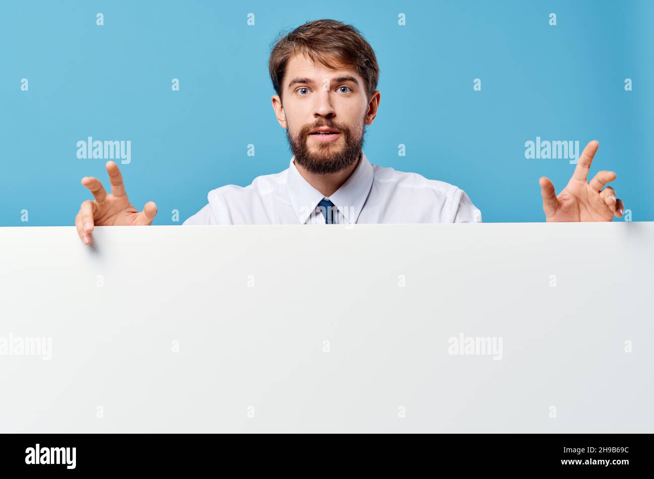 manager White billboard advertising copy-space blue background Stock ...