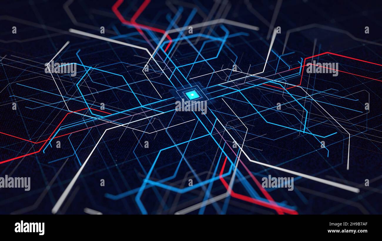 Computer diagram of moving networks of Internet. Animation. Centralized diagram with moving neon ...