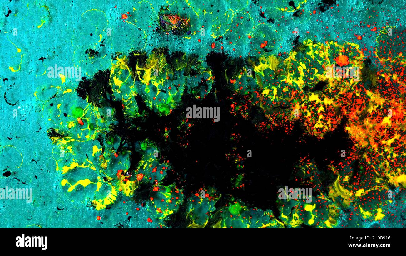 Surface with acid ink stains. Close-up of powder bright paint on ...