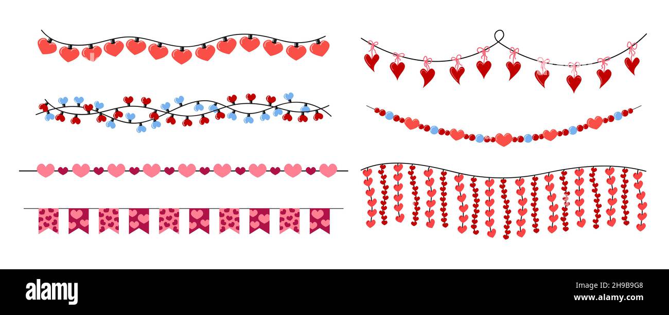 Valentines Day garlands set. Hanging hearts decorations isolated ...