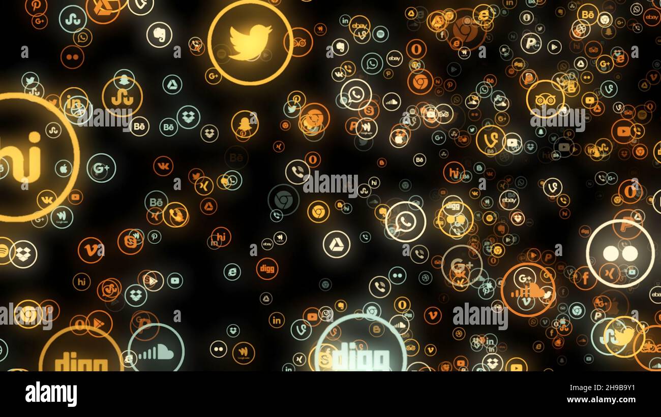 Bright neon icons with symbols in circles on black background ...