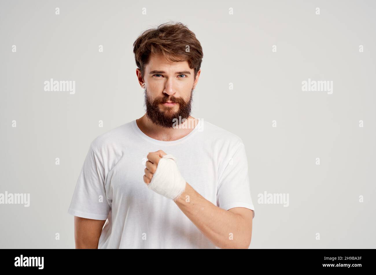 sick man bandaged hand injury to fingers hospitalization isolated ...