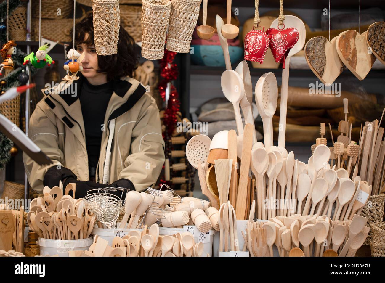 Wooden spoons and kitchen utensils. Poznan, Poland - Christmas Market ...