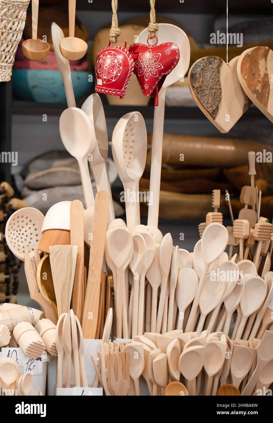Wooden spoons and kitchen utensils. Poznan, Poland - Christmas Market ...